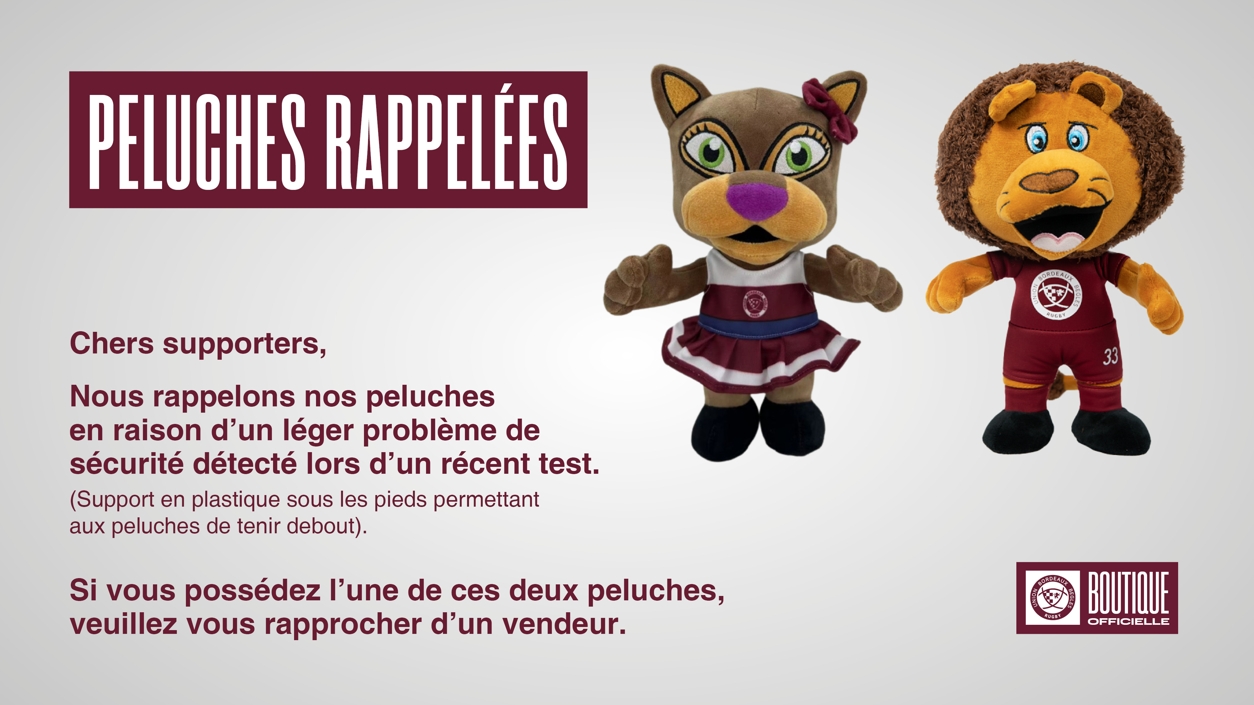 Rappel des peluches Léo et Léa - Actualités - Union Bordeaux Bègles ...